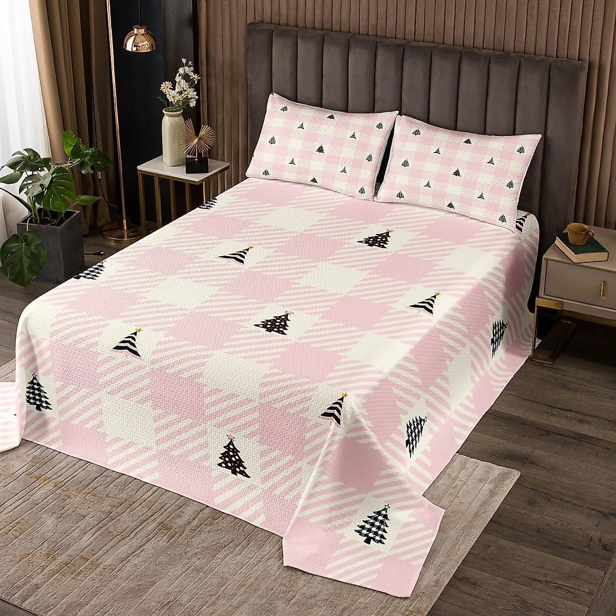 jejeloiu Girls Christmas Bedspread Xmas Theme Buffalo Check Checkered Coverlet Set King Size for Kids Teens Pink Christmas Tree Quilted Coverlet Plaid Grid Quilted with 2 Pillow Case