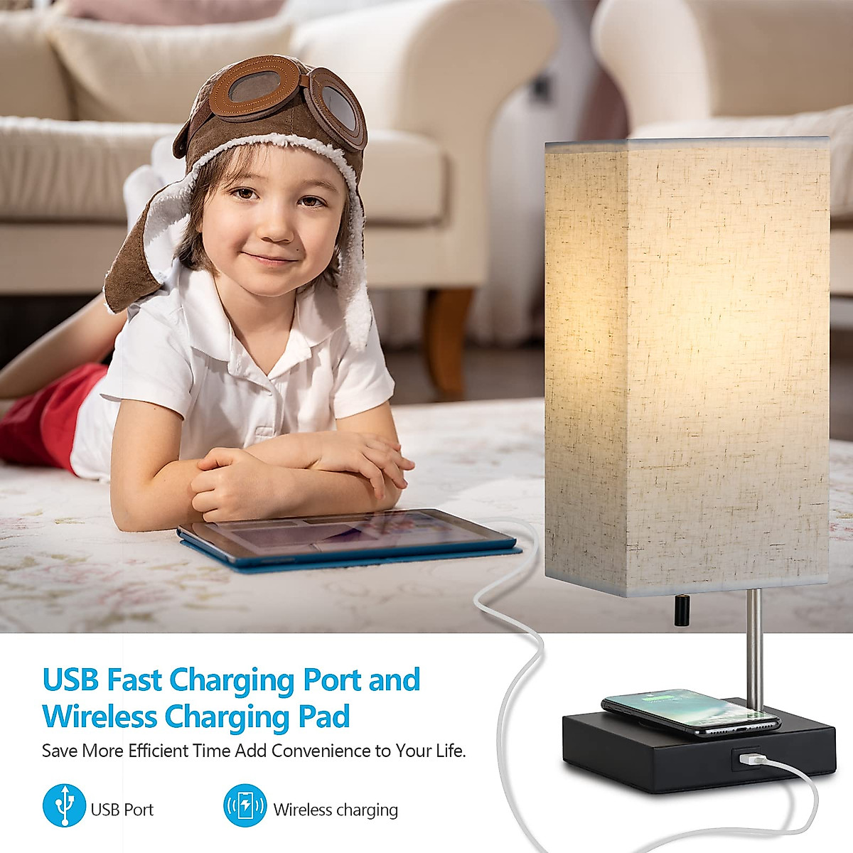 JS NOVA JUNS Table Lamp with USB Port, Wireless Charging Bedside Lamp with Flaxen Fabric Shade, Modern Nightstand Lamp Perfect for Bedroom, Living Room, Study Room, Office