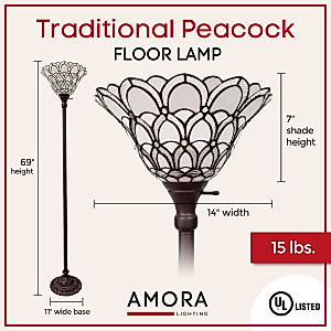 Amora Tiffany Floor Lamp Torchiere - Traditional Style Peacock Design 69” Stained Glass Lamp, Custom Handcrafted Pole Lamp with 3-Way Rotary Switch - Decorative Floor Lamp for Living Room