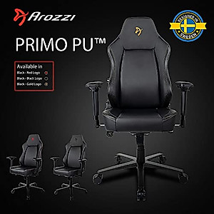 Arozzi Primo Premium PU Leather Gaming Chair Office Chair with Recliner Swivel Tilt Rocker Adjustable Height 4D Armrests Neck Pillow and Built-in Lumbar Adjustment - Black with Gold Accents