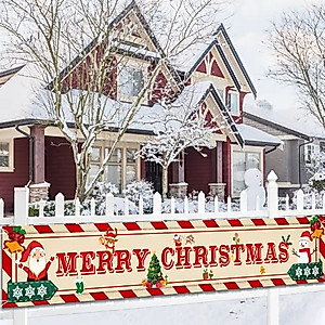 Large Merry Christmas Banner Christmas Outdoor Yard Sign Decorations - Red and White Santa Snowman Xmas Holiday Hanging Banner for Indoor Outdoor Christmas New Year Party Supplies (9.8x1.6 feet)