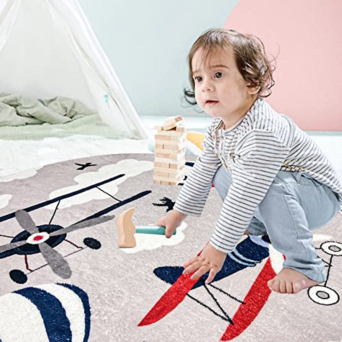 Round Rug 3.3ft, Large Cute Super Soft Aircraft Hot Air Balloon Carpet for Kids Room Playroom Nursery Bedroom Living Room, Non Slip Washable Circular Floor Mat Area Rug for Home Decorative (Grey)