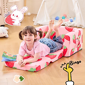 IFNOW Toddler Couch, Kids Chair Couch, 2-in-1 Kids Couch Fold Out, Convertible Kids Sofa to Lounger for Girls and Boys Chair for Toddlers Kids Chairs Toddler Baby Couch Kids Gifts (Strawberry, Medium)