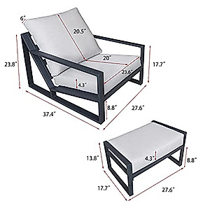 Outdoor Chaise Lounge Chair with Ottomans, Indoor Outdoor Patio Conversation Chair Set of 2 with Ottoman and Beige Cushion, All Weather Aluminum Outdoor Recliner Armchair Set, Charcoal Black Frame
