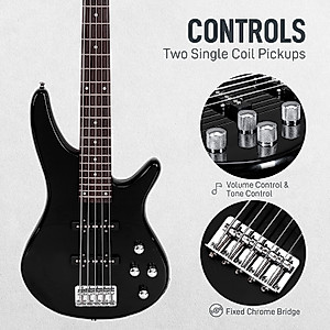 Ktaxon 5 String Electric Bass Guitar, Full Size Standard Right Handed Rosewood Fretboard Bass Kit with Strap, Cable, Pick, Wrench Tool (Black)