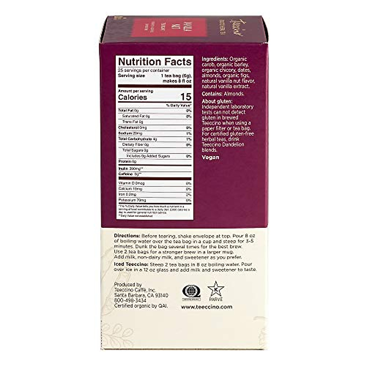 Teeccino Vanilla Nut Herbal Tea - Rich & Roasted Herbal Tea That’s Caffeine Free & Prebiotic for Natural Energy, 25 Tea Bags