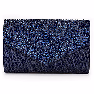 CurvChic Women Evening Bag Clutch Rhinestone Envelope Party Handbag Bridal Prom Purse (Navy Blue)