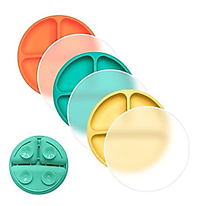 PlusLove Silicone Suction Plate– 100% Silicone Baby Plate, Toddler Plate, Kid Plates, Divided Plate With Suction Feature |Baby Led Weaning Plate| 3 Pack (Orange, Yellow, Teal, With Lids)