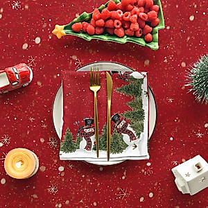 Horaldaily Christmas Tablecloth 60×84 Inch, Winter Snowman Trees Red Washable Table Cover for Party Picnic Dinner Decor