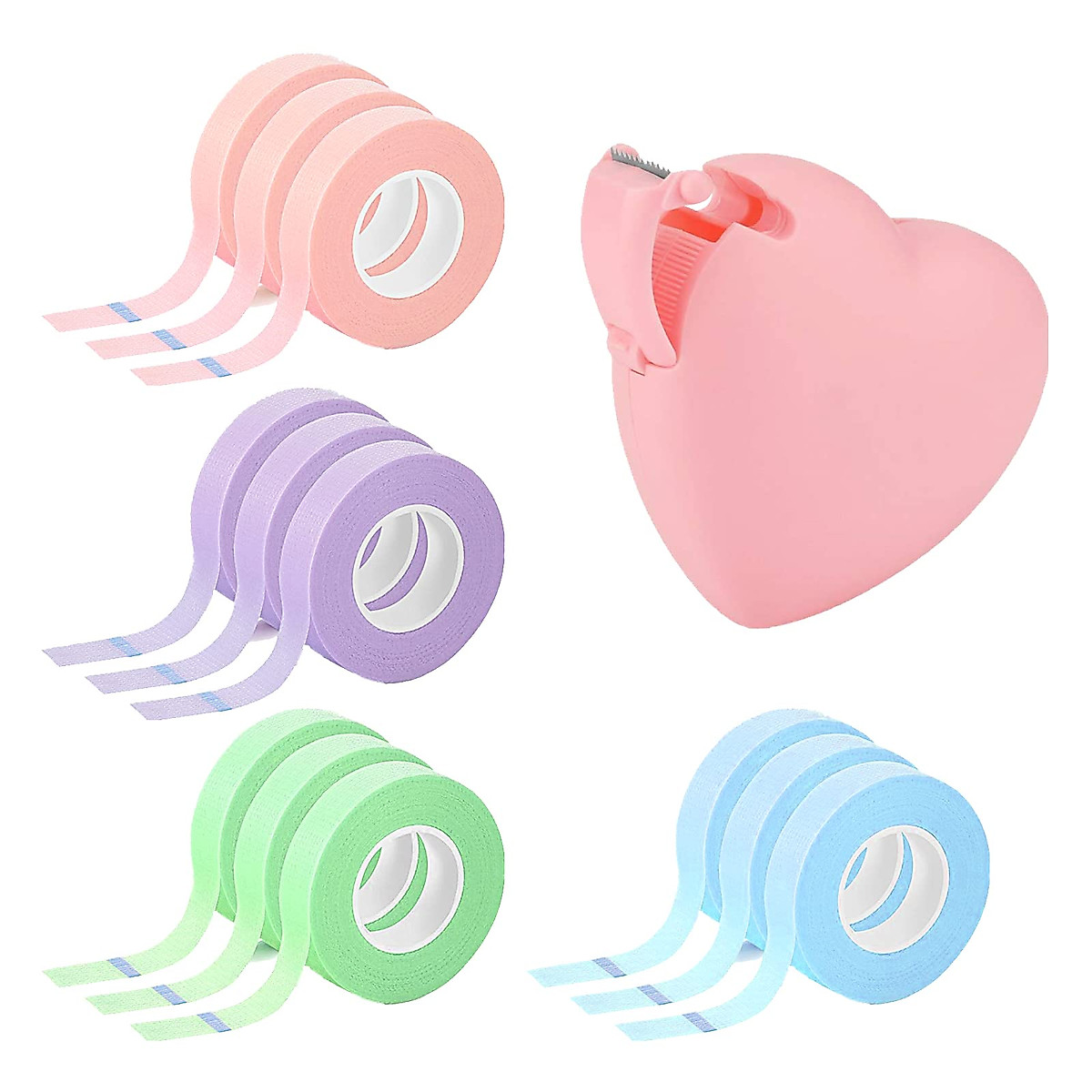 Maidston 12 Rolls Eyelash Extension Tape Breathable Adhesive Beauty Fabric Colored Lash Extensions with Heart-Shaped Cutter Dispenser for Supply 4 Colors, pink green blue purple