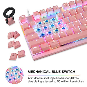 MOTOSPEED Professional Gaming Mechanical Keyboard RGB Led Backlit Wired with Anti-Dust Proof Switches for Gaming Keyboard for Mac & PC (Pink, 87 Key Blue Switches)