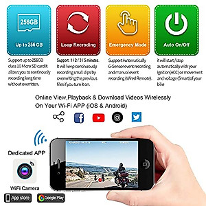 VSYSTO WiFi Motorcycle Dash Cam, 2 Inch Screen All Waterproof HD 1080P WDR SONY307 150° Wide Angle Fisheye Lens Front and Rear Camera, Night Vision, G-Sensor Loop Recording (Black-2Inch)