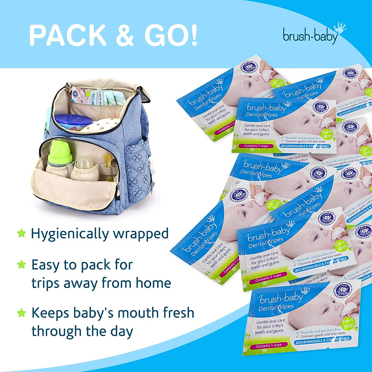 Brush Baby Teething Relief Dental Wipes for Ages 0-Toddler - Naturally Eliminate Teething Pain, Prevent Tooth Decay and Sour Milk Breath - 28 Finger Wipes