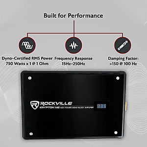 Rockville KRYPTON-M2 Mono Car Amplifier, 1 Ohm, 3000W, Class-D, EQ, Low Pass Filter, Dyno-Certified, Bass Remote, Perfect for Subwoofers and Car Audio