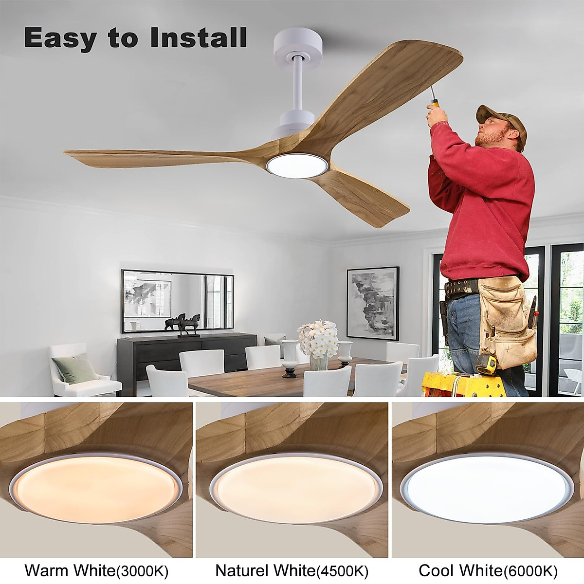 QUTWOB 52" Wood Ceiling Fan with Lights Remote Control,Quiet DC Motor 3 Blade Ceiling Fans for Patio Living Room, Bedroom, Office,Indoor Outdoor(Raw wood+White)