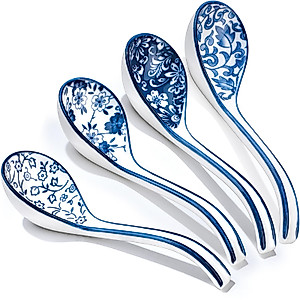 Soup Spoons Ceramic Asian Soup Spoons Sets of 4 Long Handle Japanese Soup Spoons Deep Blue Porcelain Ramen Spoons Pho Spoon (4PCS)