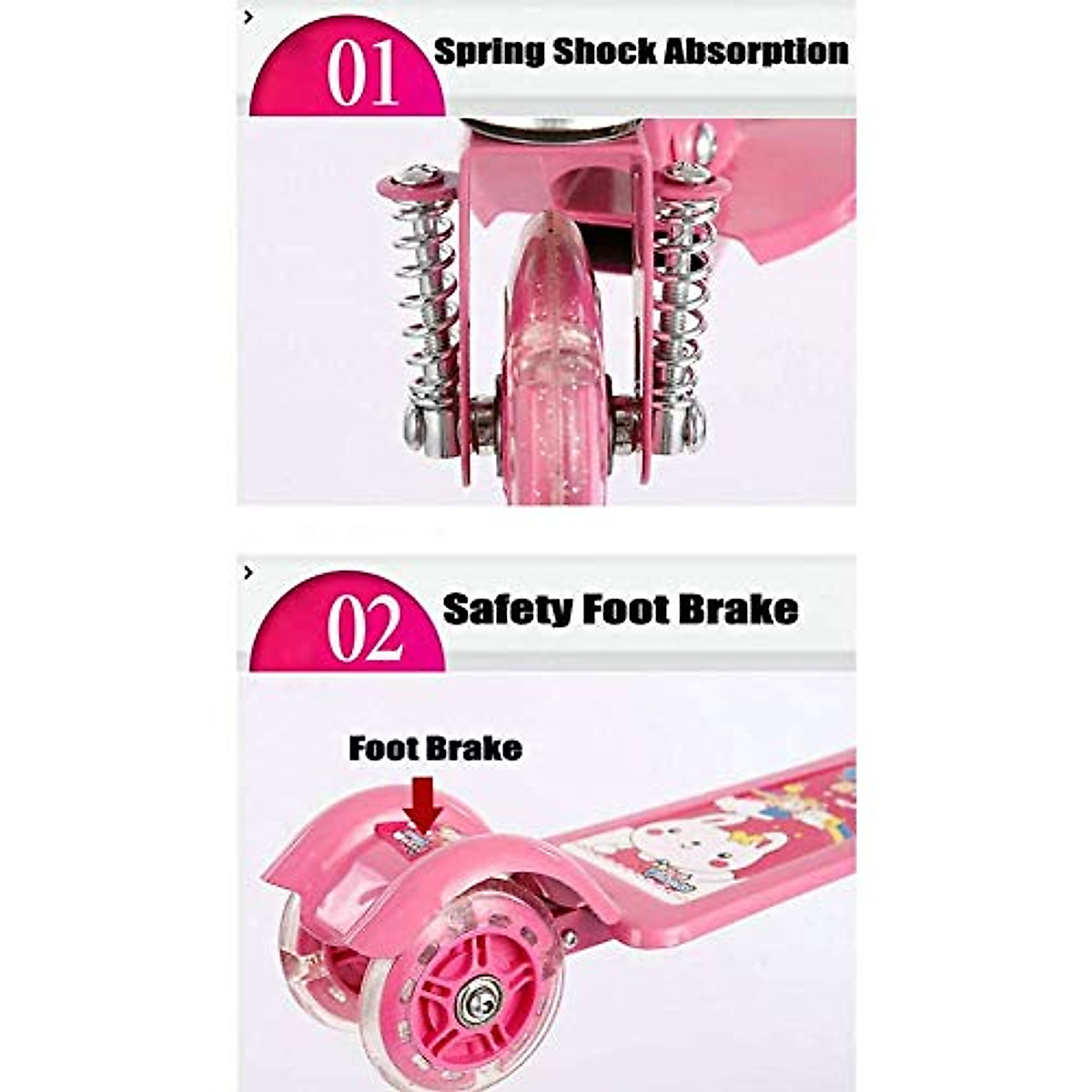 SKR FSGHJJKN Folding Kick Scooter for Kids, 3-Wheel LED Flashing Glider Push Scooter with Height Adjustable and Foldable Handlebar