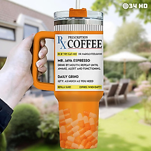 34HD Rx Prescription Tumbler with Handle and Straw, 40oz Prescription Coffee Cup, Coffee Lovers Gifts, Funny Medical Gifts for Phamarcists, Nurses, Doctors, Hospital Workers