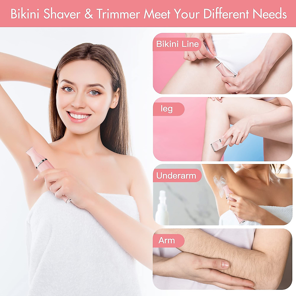 AIBRIT PRO Electric Bikini Trimmer for Women - 2 in 1 Electric Lady Pubic Hair Groomer Painless Hair Removal Razor Body Shaver, Portable Ladies Shaver with 2 Trimmer Heads, IPX7 Waterproof