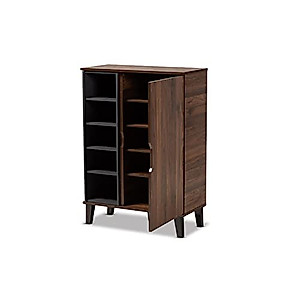 Baxton Studio Idina Mid-Century Modern Two-Tone Walnut Brown and Grey Finished Wood 1-Door Shoe Cabinet