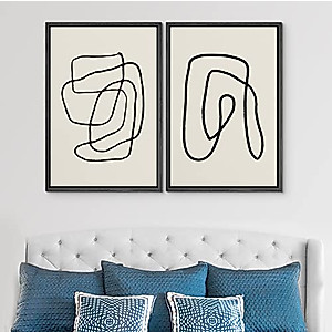SIGNWIN Framed Wall Art Print Set Black Lines Over Tan Plain Background Abstract Swirly Cozy Neutral Modern Art Mid-Century Modern Expressive for Living Room, Bedroom, Office - 24"x36"x2 Black