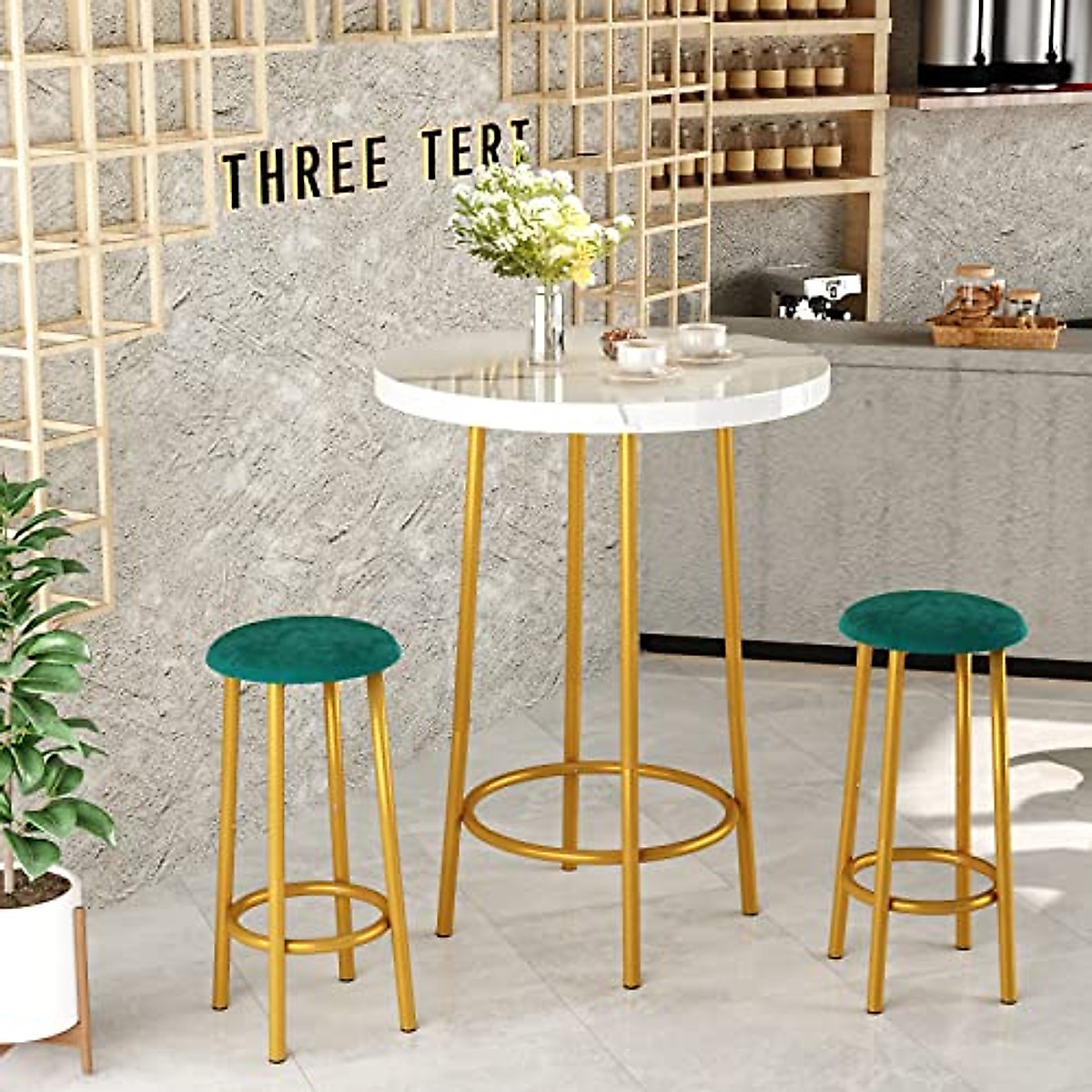 Hooseng Bar Table Set, 3 Pieces Round Dining Table Set with Counter Height Faux Marble Table and 2 Stools, Space Saving Bar Table and Chairs Set for Breakfast Nook Apartment Cafe Small Space, Green