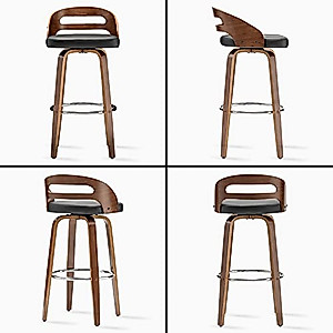 Bar Stools Set of 2, Swivel Bar Height Stools with Walnut Bentwood, Low Back, Upholstered Faux Leather, Soft Cushion Seat, Mid Century Bar Stools for Kitchen/Island/Counter (Black, 25" Seat Height)