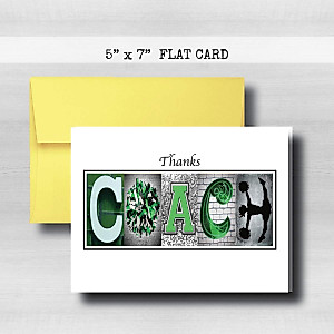 Personalized Cheerleading Green Coach Thank You Card, 5"x 7" FLAT CARD, Greeting Cards
