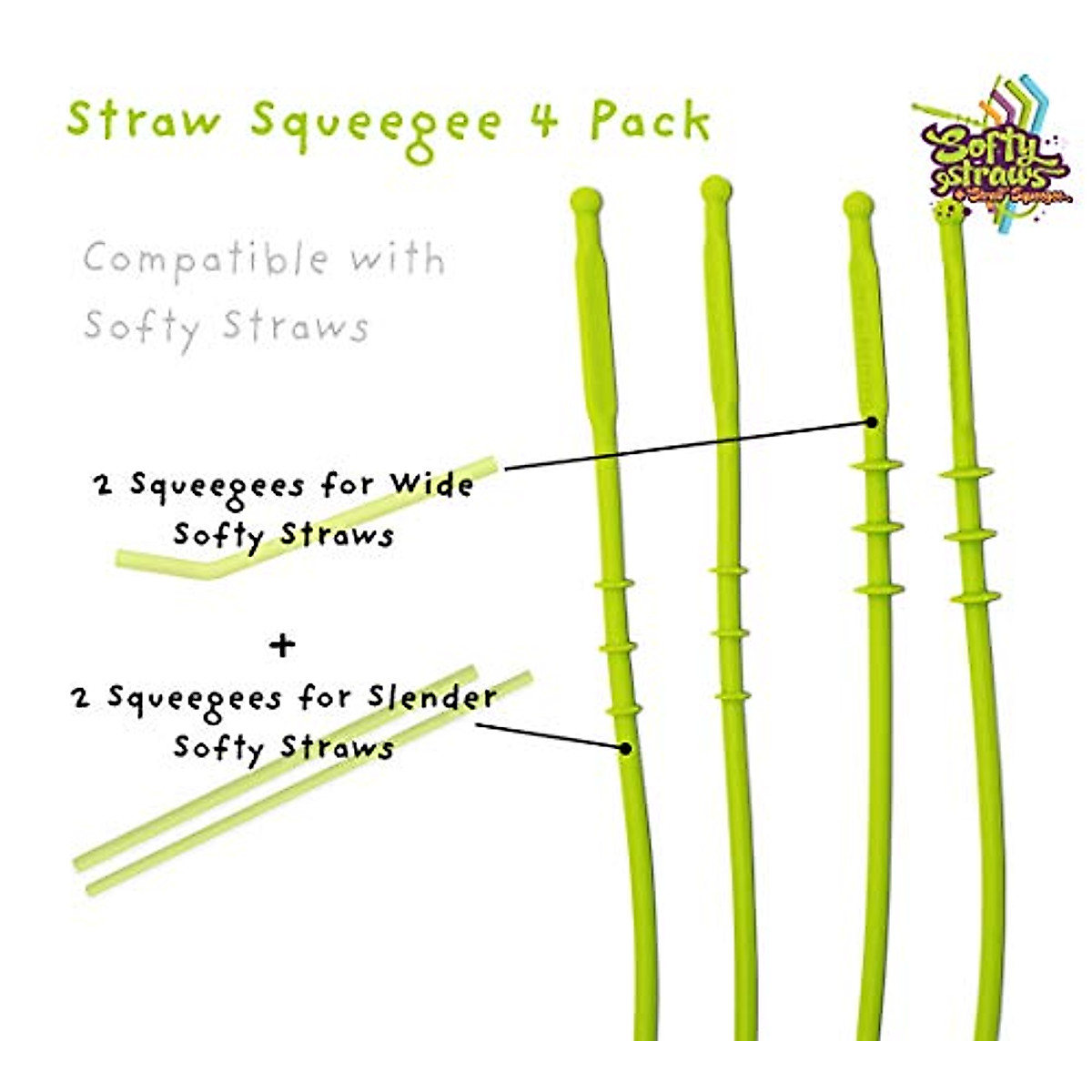 Straw Squeegee Cleaning Tool 4 Pack - (2 Small, 2 Wide) - BPA Dishwasher Safe Straw Silicone Squeegee Brush Designed to Clean Reusable Softy Straws