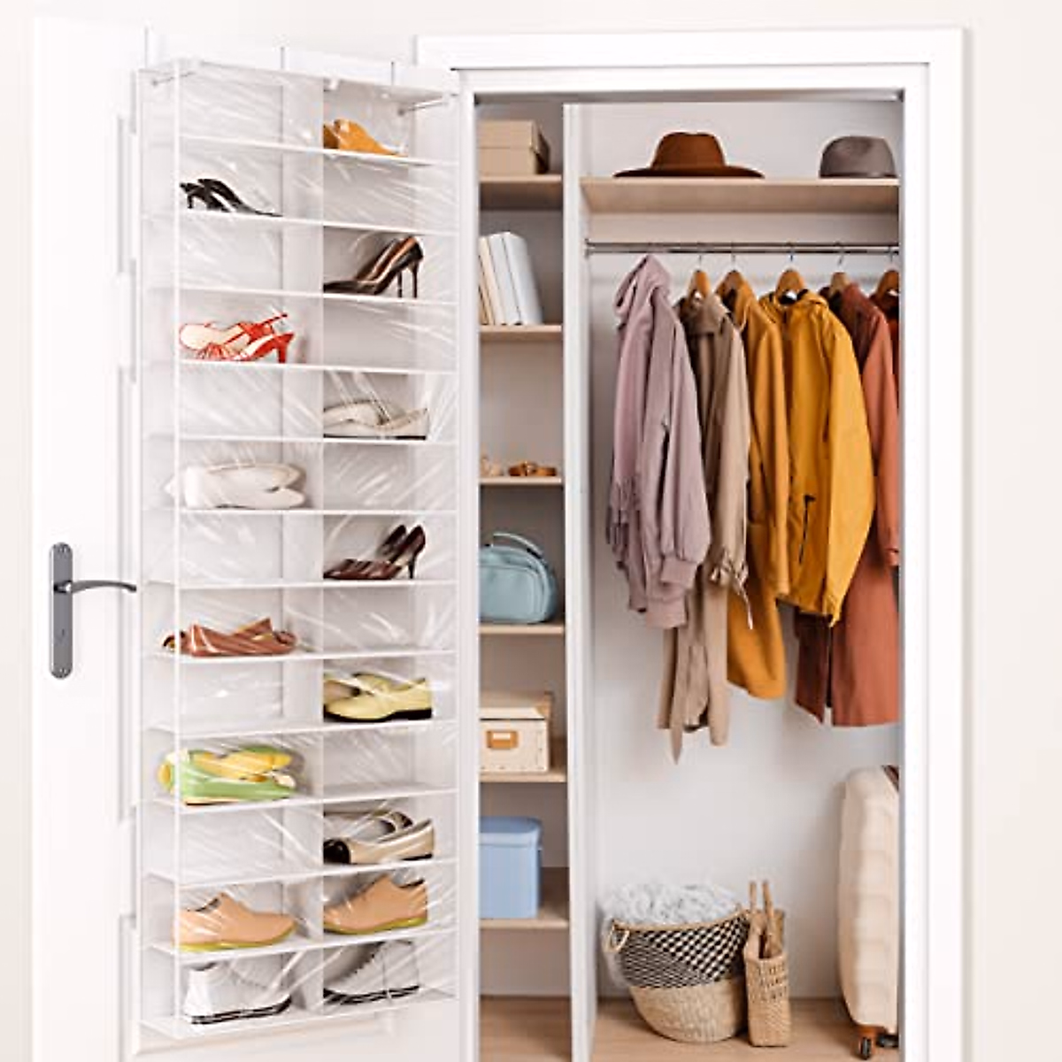 Libeder Clear Over the Door Shoe Organizer, 26 Sections Back of Door Shoe Storage,Shoe Shelves for Closet Door, Dustproof Shoe Holder on Door, White