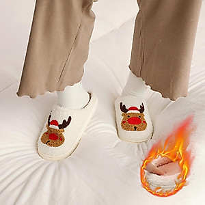 Adisputent Reindeer Slippers for Women Men Elk Slide Slippers Fun Xmas Slippers Cute Christmas Soft Plush Slippers Warm Winter Non-Slip House Shoes A Red 6.5-7.5 Women/5-6 Men