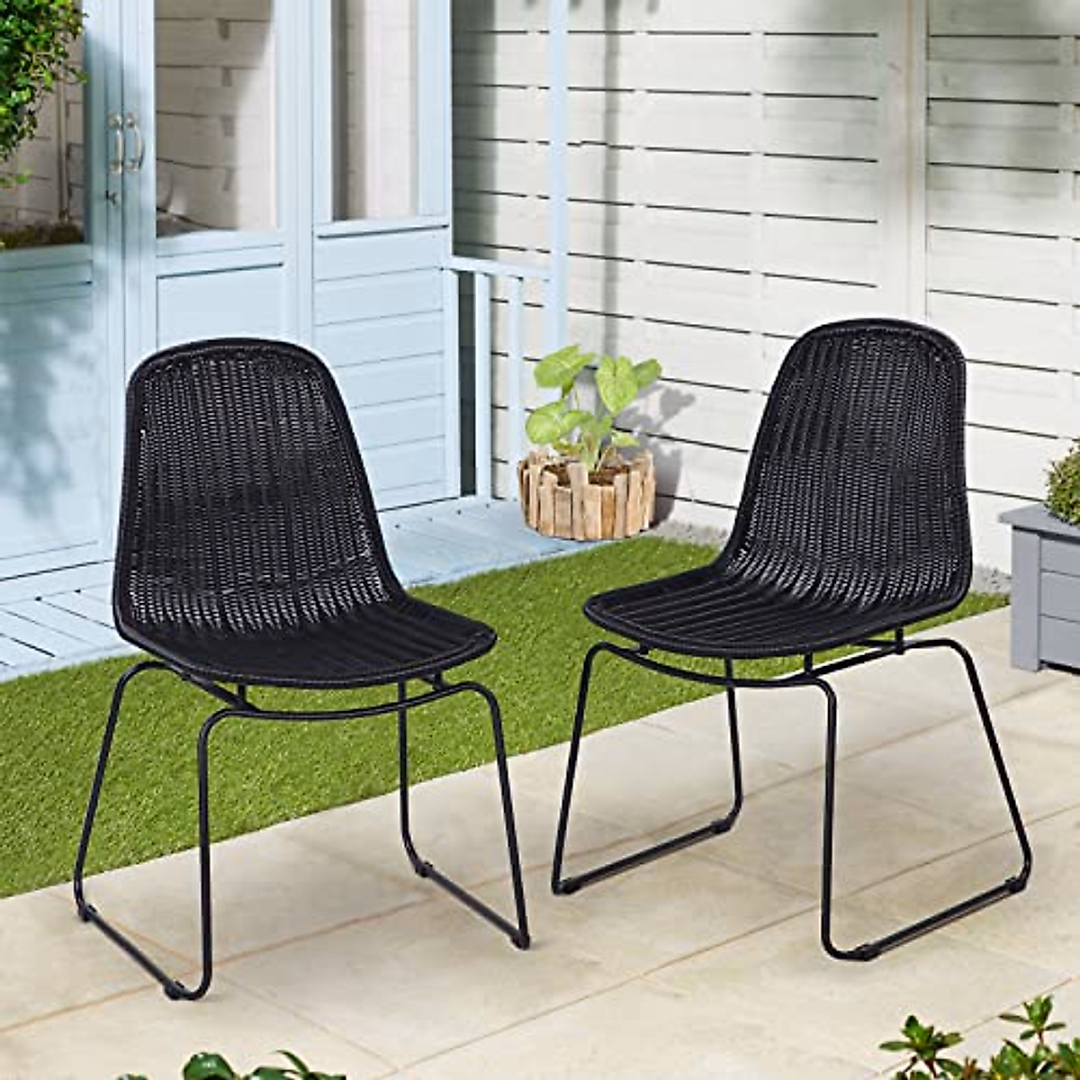 JOIVI Outdoor Wicker Chairs Set of 2, Patio Dining Armless Chairs with Curved Back for Outside Lawn, Garden, Backyard, Black Rattan