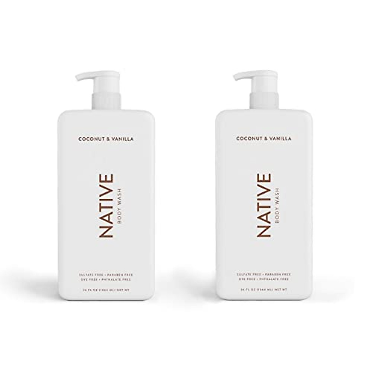 Native Body Wash for Women, Men | Sulfate Free, Paraben Dye with Naturally Derived Clean Ingredients, 36 oz bottle pump- 2 Pack (Coconut & Vanilla) 72.0 Fl Oz