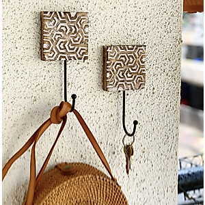 Set of 2 Decorative Wooden & Cast Iron Vintage Rustic Coat Hanger Wall Mounted Jacket Robe Towel Door Hook Rack Holder Rail For Hallway Living Room Entryway Bathroom Bedroom Home Decor Accents