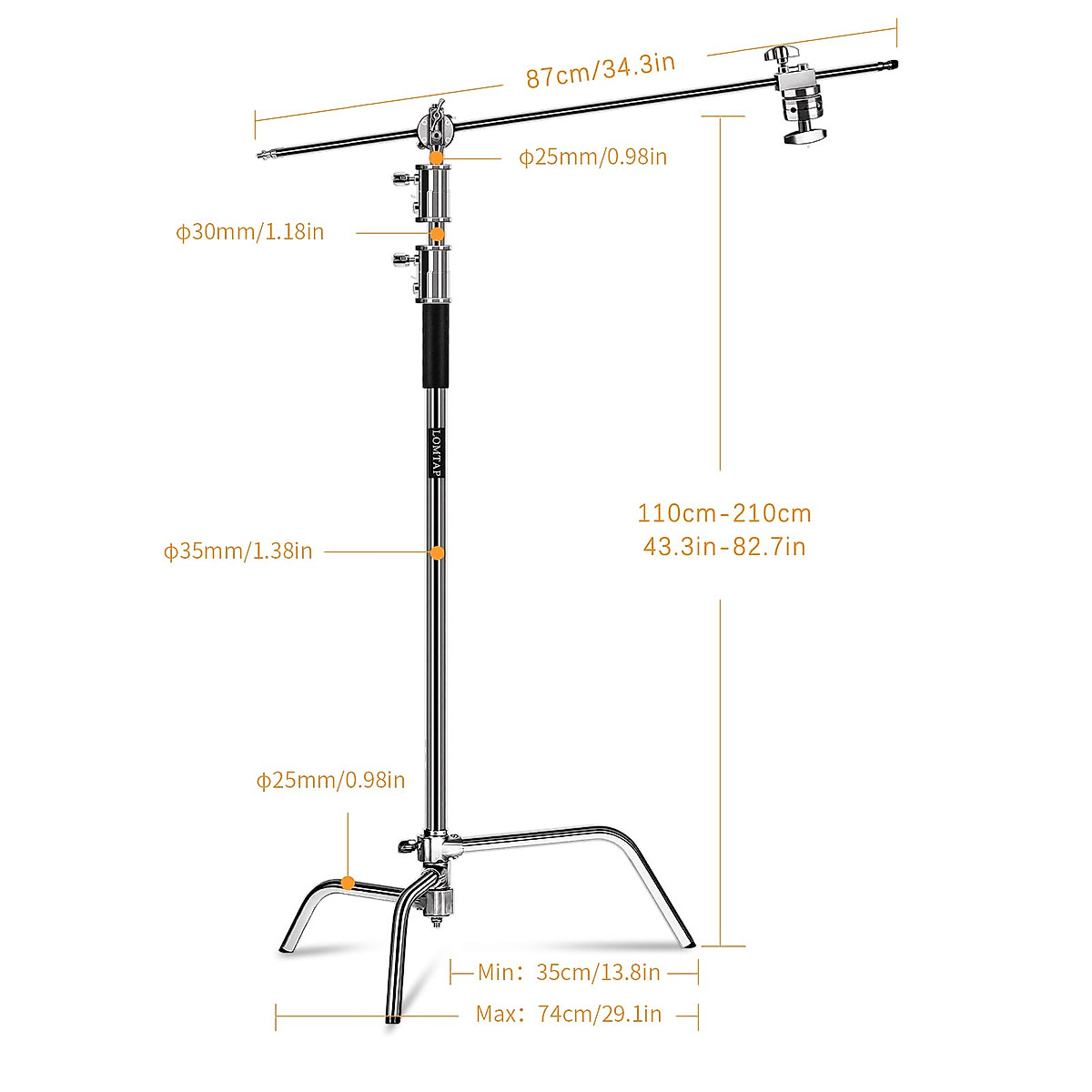 LOMTAP C Stand Light Stand Stainless Metal Photography Kit - Heavy Duty 6.8ft/210cm Vertical Pole, 2.8ft/87cm Boom Arm, Adjustable Base, Water Sandbag, 2 Grip Heads, 3 Clips for Softbox, Reflector