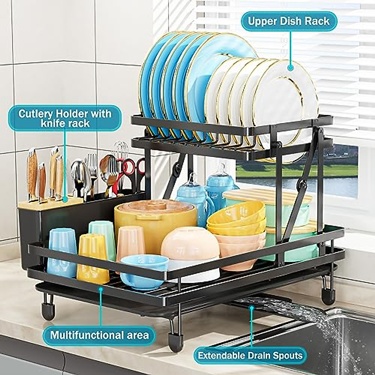 YKLSLH Dish Drying Rack, Collapsible 2 Tier Dish Racks for Kitchen Counter, Durable Dish Drainer with Utensil Holder-Kitchen Drying Rack, Black