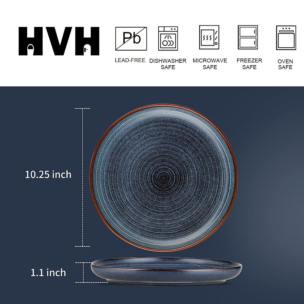 HVH Porcelain Dinner Plates Set of 6, 10.25 inch Ceramic Plates Set, Large Dinner Plates Set for Dinner, Salad, Ceramic Dinner Plates, Healthy Dinner Plates Set of 6, Farmhouse Style (Black)