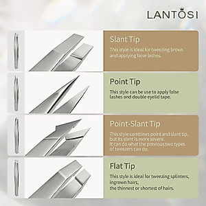 Lantosi Tweezers Set- Eyebrows Tweezers for Women and Men, Lash Tweezers, Professional Stainless Steel Tweezers for Grabbing Facial Hair, Ingrown Hair, Splinter Remover with Travel Case