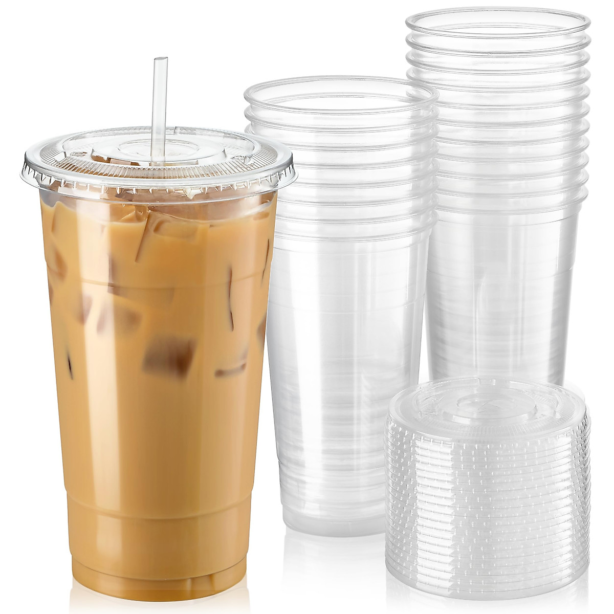Fit Meal Prep 50 Pack 32 oz Clear Plastic Cups with Flat Lids, Disposable Iced Coffee Cups, BPA Free Premium Crystal Smoothie Cup for Party, Lemonade Stand, Cold Drinks, Juice, Milkshake