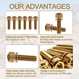 VGEBY Titanium Alloy Hex Tapered Bike Bolt, 6Pcs Stainless Steel Bike Parts Bike Stem Bolt with Washer Screw Bike Stem Bolts Titanium Bolts BMX Accessories (Golden)