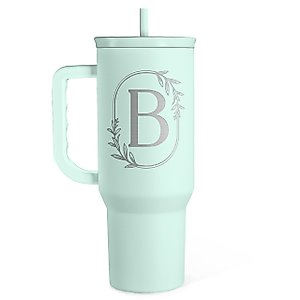 Personalized Monogrammed Tumbler with Handle 40oz, Letter B Tumblers Insulated Coffee Travel Cup, Custom Initial Gift for Women Girls Friends, Monogram Gift for Christmas Birthday Mothers Day