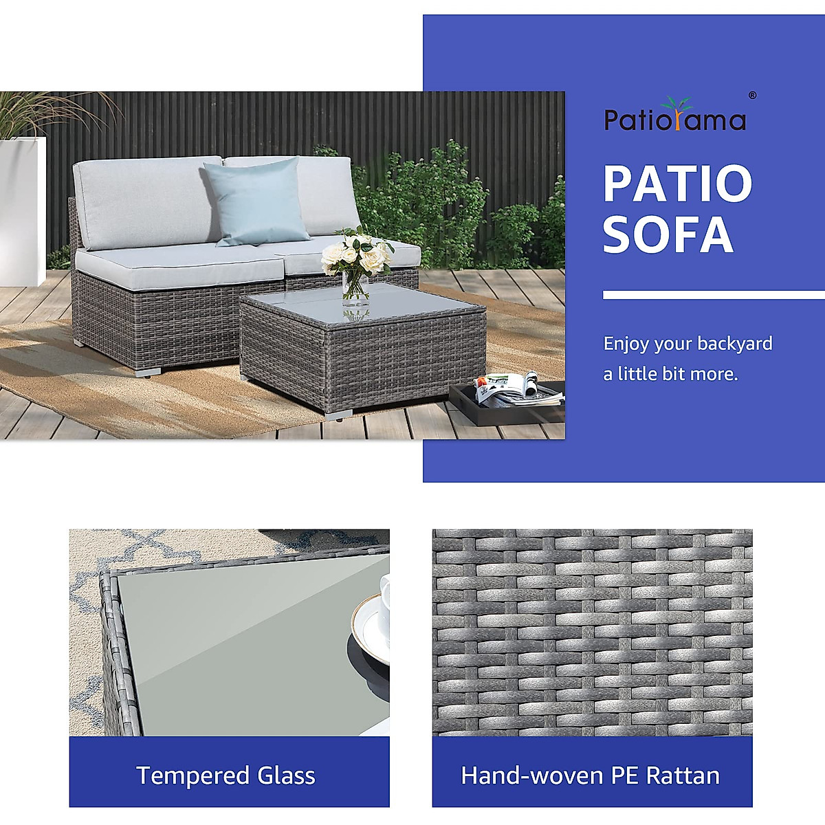 Patiorama 3-Piece Patio Furniture Set, Outdoor Sectional Sofa, All-Weather Grey PE Wicker Rattan Conversation Set,Outdoor Couch Loveseat,Patio Seating for Porch Balcony Garden Pool(Light Grey Cushion)