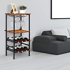 Wine Rack Freestanding Floor, Wine Rack Table Wine Bar Cabinet with Glass Holder Wine Rack with Storage Shelves Wine Rack Shelf Stand Wine Display Rack Hold 8 Bottle and 9 Glasses, Industrial Brown