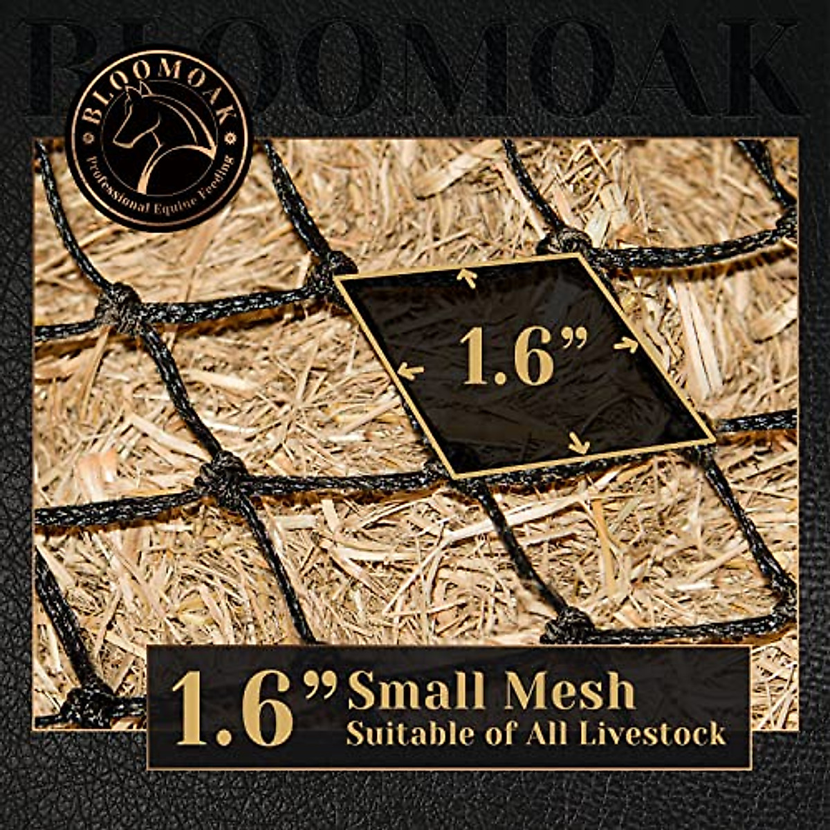 Bloomoak Handwoven Hay Net Feeder for Horses, Durable Soft Black PE 2-String Hay Bales Bags with 1.6" Hole, Fit 36 * 18 * 18 Square Bale Easily (50" Long) (2PCS)
