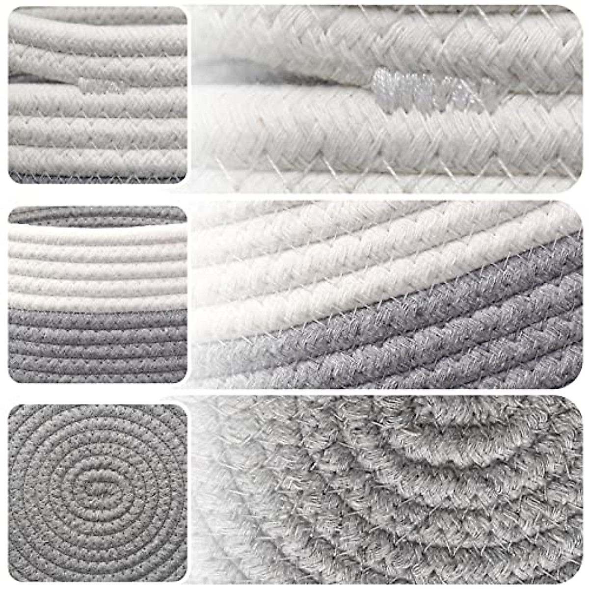 Small Rope Basket small basket Round woven basket with Handle Cute Cotton Basket 9.5 * 9.5 * 7.1 inches Nursery Shelf Small Storage Basket Splicing Grey White Color Design Style Capacity 8.2L