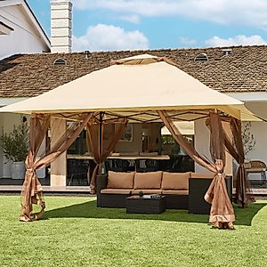 BELLEZE 13x13Ft Gazebo, Pop Up Gazebo Double Roof Outdoor Canopy with Mosquito Netting, Stable Steel Frame and Carry Bag, Height Adjustable Patio Gazebo for Backyard, Garden, Lawn