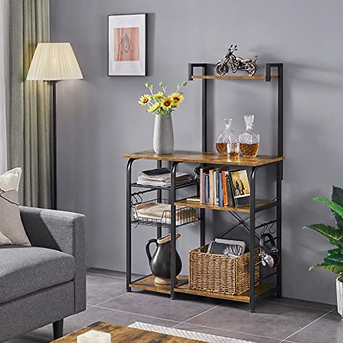 Yaheetech Industrial Kitchen Baker’s Rack Utility Microwave Oven Stand with Wire Basket & 10 S Hooks, Coffee Bar Spices Utensils Storage Shelf, Easy Assembly, Rustic Brown