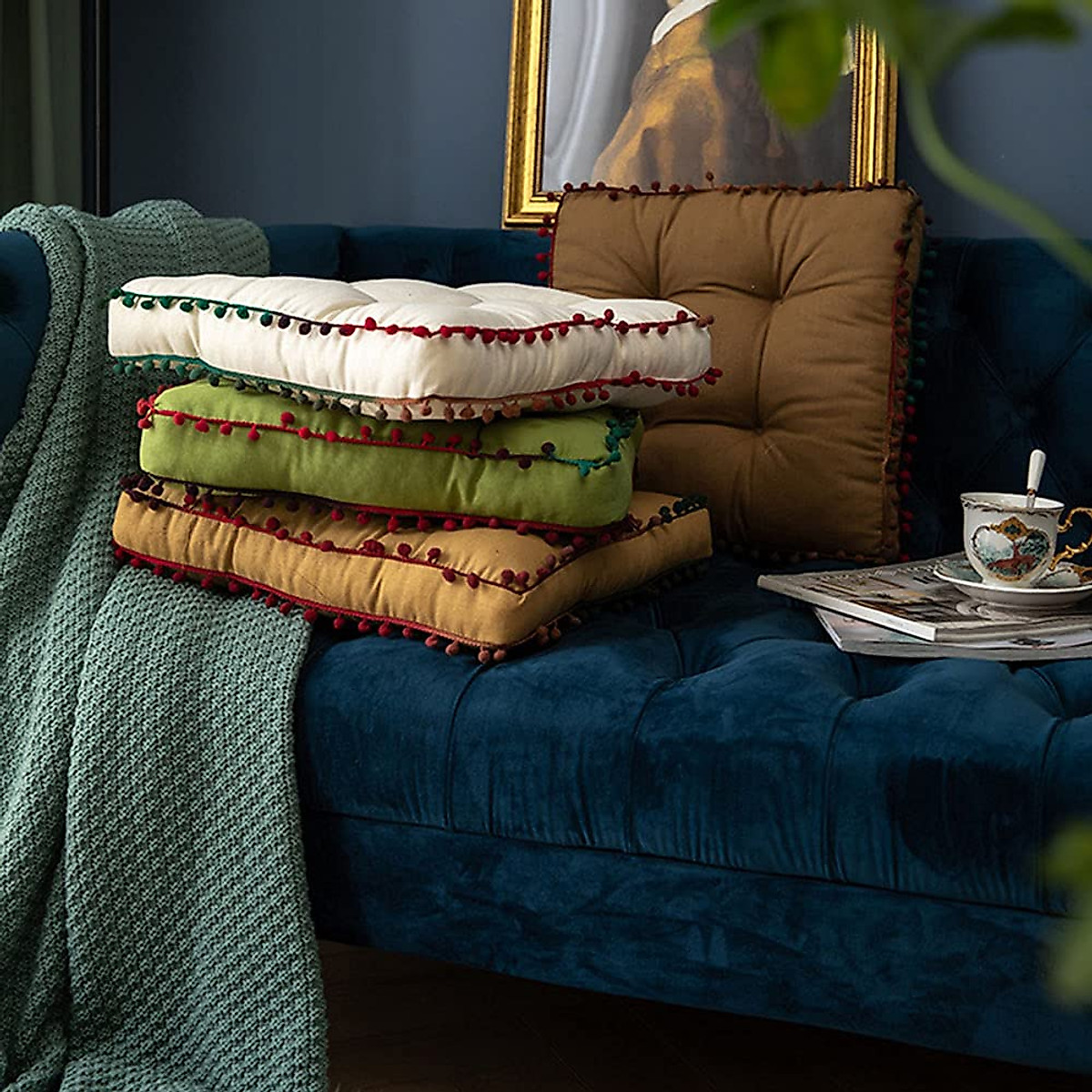 vctops Colorful Pompoms Cotton Linen Chair Pad Super Soft Comfy Chair Seat Cushion for Dining Chairs, Office Chairs, Hardwood Floors (White, 16"x16")