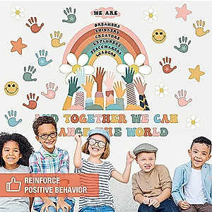 92 Pieces One World Together Classroom Decorations We Can Change The World Classroom Wall Decor We are and Together Hands Cutouts with Stars Rainbow Cutouts for School Classroom Decor (Retro)