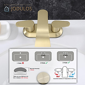4 inch Centerset Bathroom Faucets Brushed Gold, Stainless Steel Gold Sink Faucet Bathroom with cUPC Supply Lines, Jodulos 2 Handle Waterfall Bathroom Sink Faucet with Pop Up Drain Stopper JU-DE-201-BG
